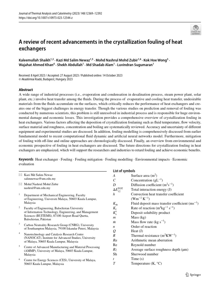 A Review of Recent Advancements in The Crystallization Fouling of Heat ...