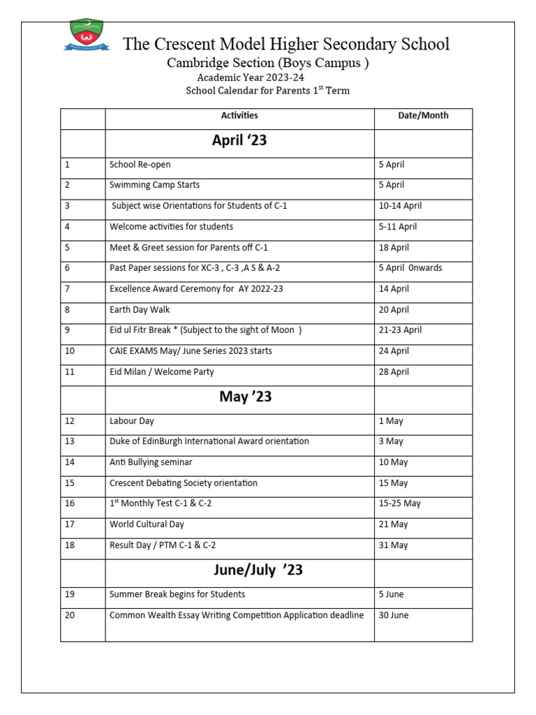 Crescent Model School 2023-24 Term Calendar | PDF | Schools ...