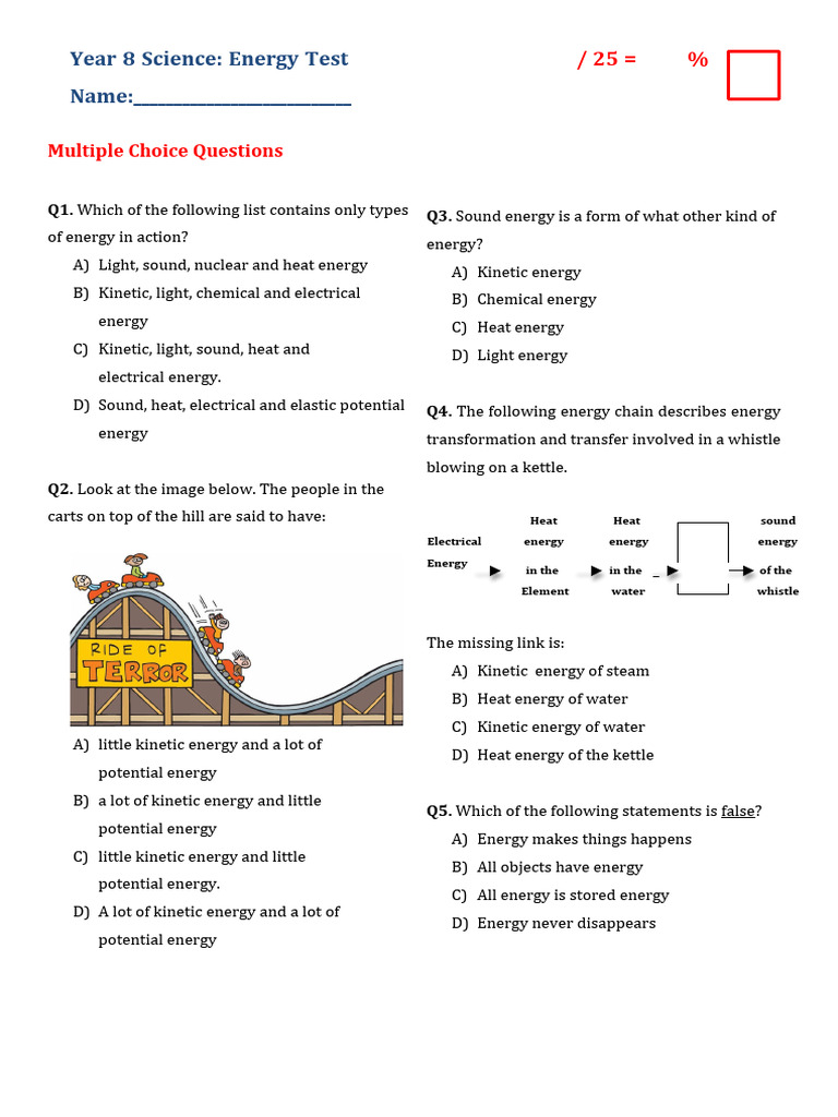 Year 8 Science Energy Test 2014 | PDF | Potential Energy | Kinetic Energy