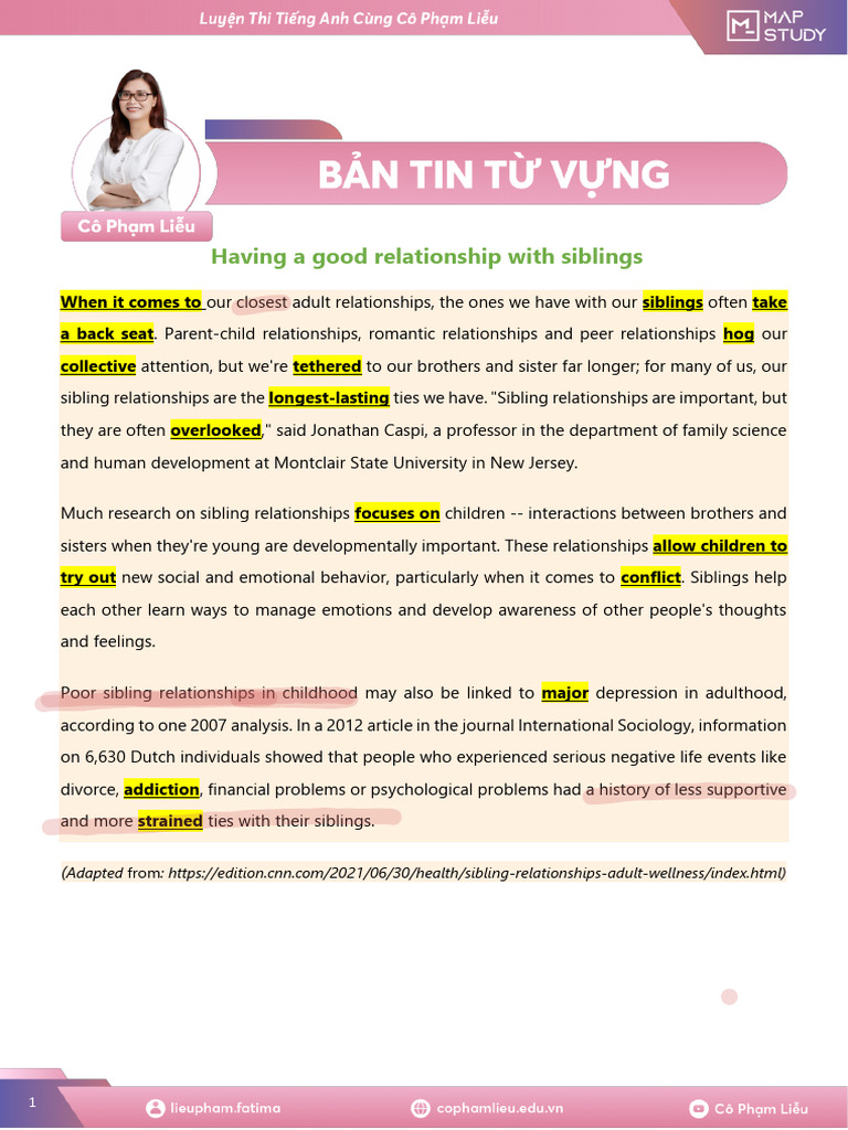 Bản tin từ vựng -Having a good relationship with siblings | PDF