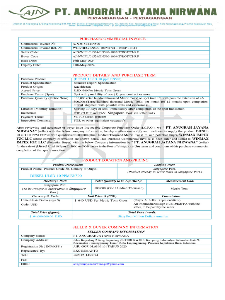 Commercial Invoice for Diesel Purchase | PDF | Invoice