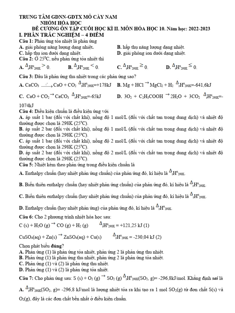 Đề cương ôn tập Hoá 10 cuối HK2-2022-2023 | PDF