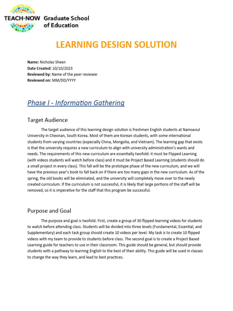 Nick's Learning Design Solution Template | PDF | Instructional Design | Learning