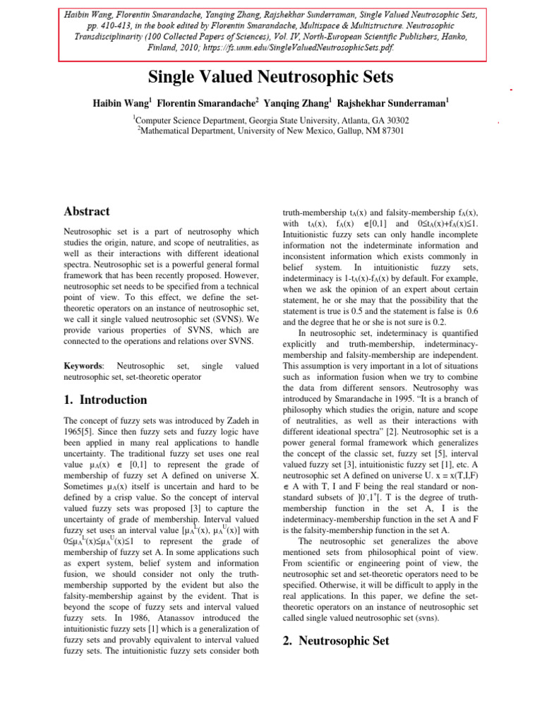 Single Valued Neutrosophic Sets | PDF | Fuzzy Logic | Mathematical Logic
