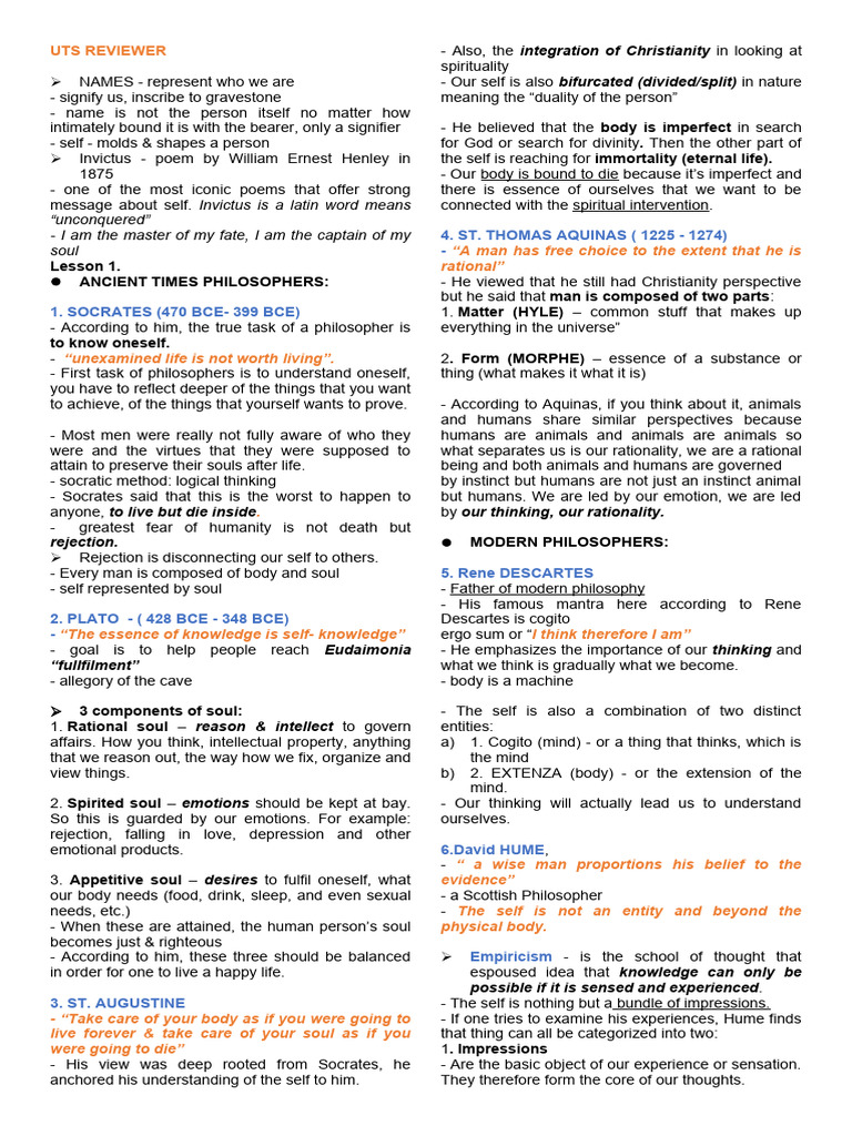 Understanding The Self - Prelims REVIEWER | PDF | Philosophy Of Self | Soul