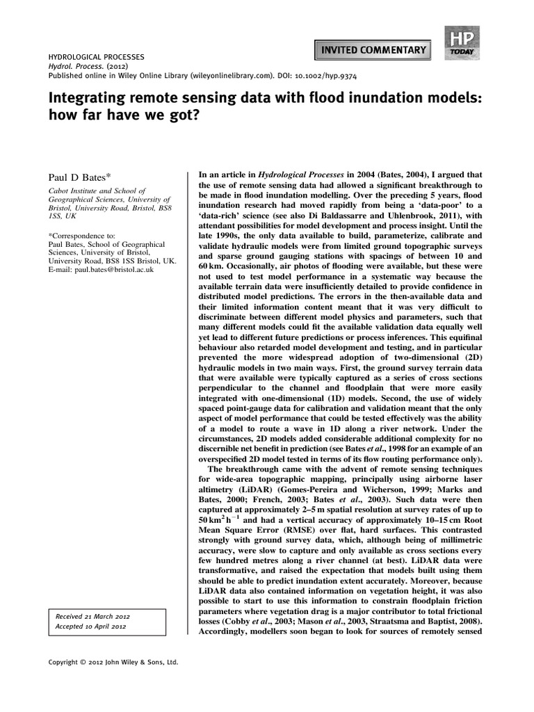Bates 2012 Integrating Remote Sensing Data With Flood Inundation Models How Far Have We Got