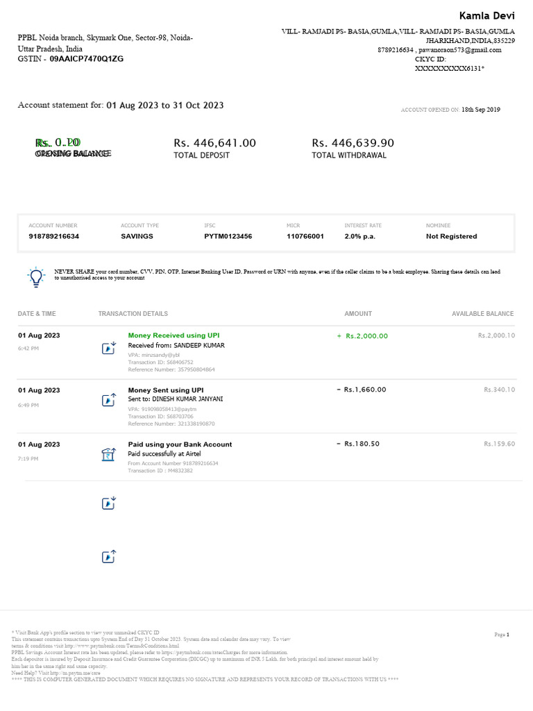 Account Statement 010823 311023 Unlocked | PDF | Deposit Account | Savings Account