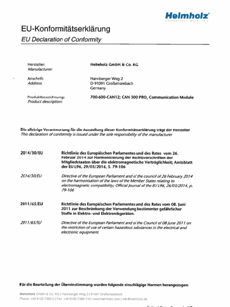 EU Declaration 700-600-CAN12 | PDF