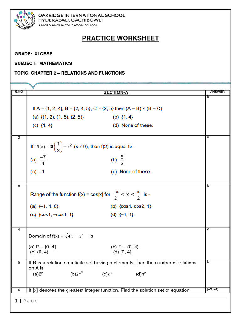 Cbse Grade 11-Ch.2 Relations and Functions Worksheet | PDF | Function ...