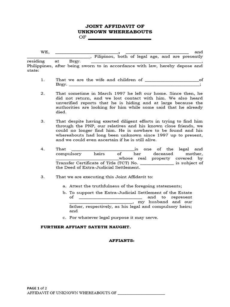 Affidavit of Unknown Whereabouts | PDF | Affidavit | Property Law