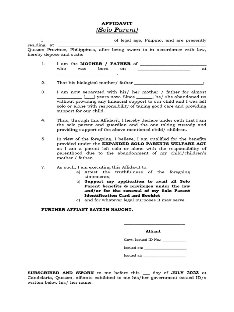 Affidavit - SOLO PARENT | Download Free PDF | Affidavit | Family