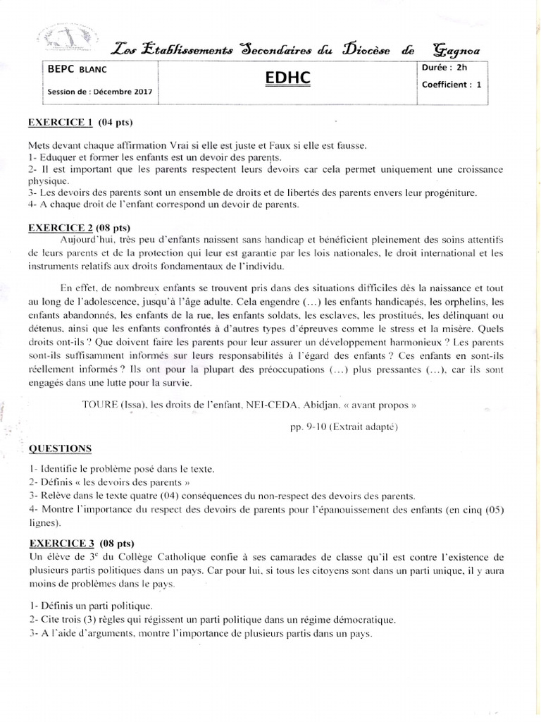 Sujet 2 Edhc Bepc | PDF