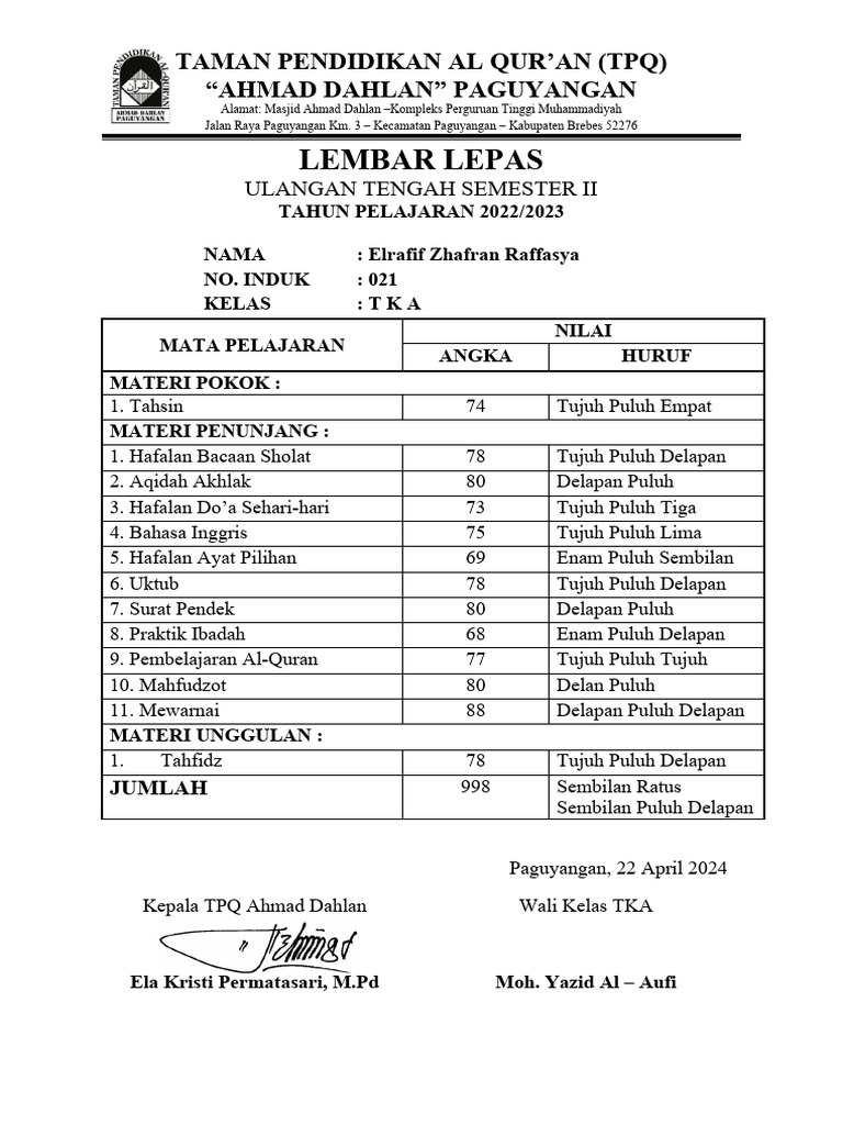 Lembar Lepas Kelas Tka Pts Genap 2023-2024 | PDF