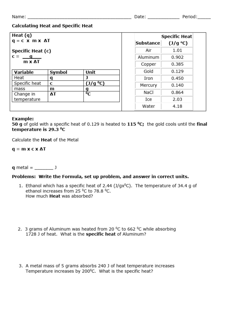 Calculating Specific Heat Worksheet | PDF | Heat | Water