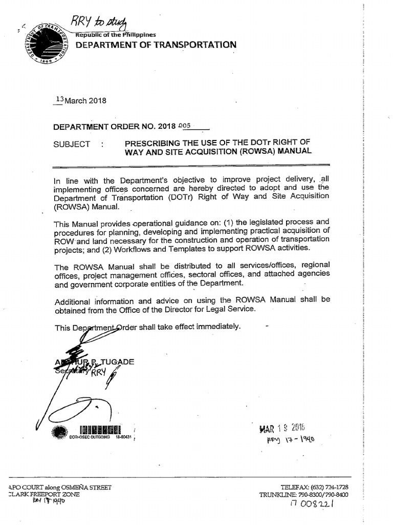 DOTR Department Order No. 2018-005 ROWSA Manual | PDF