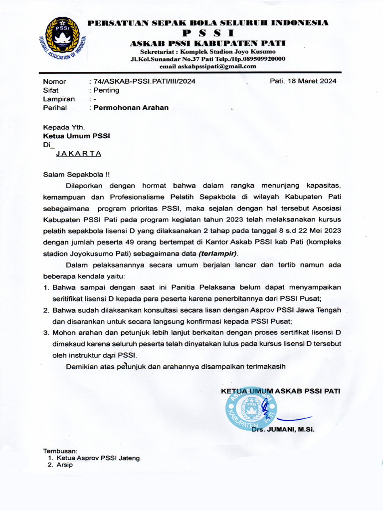 Surat Permohonan Asosiasi Kabupaten Pssi Pati | PDF