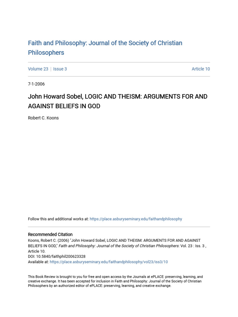 John Howard Sobel LOGIC AND THEISM - ARGUMENTS FOR AND AGAINST BE | PDF | Metaphysics