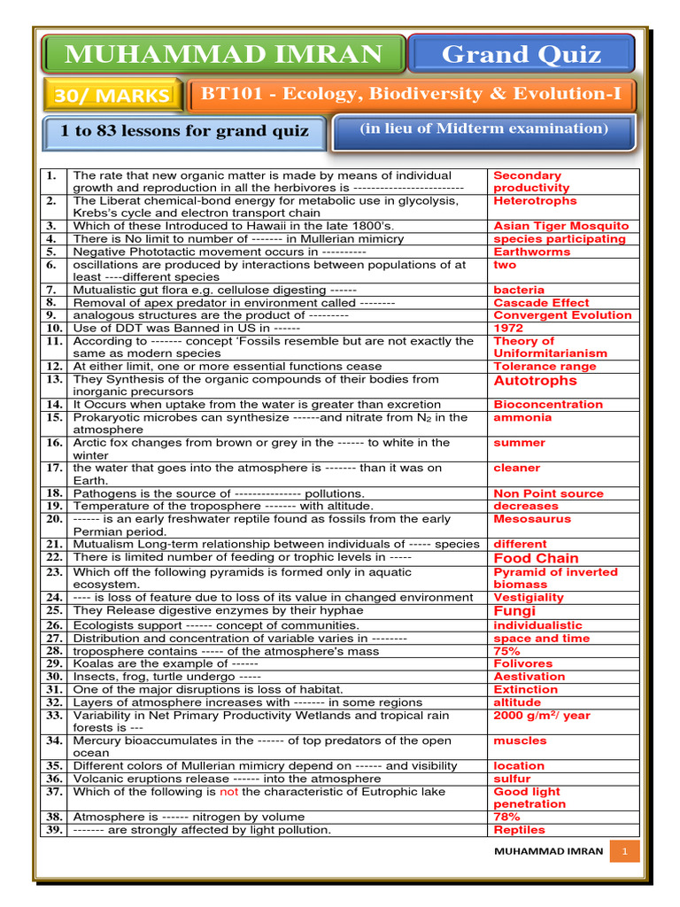 BT101 - Ecology, Biodiversity & Evolution-I (GRAND QUIZ) 170 MCQ | PDF | Atmosphere Of Earth ...
