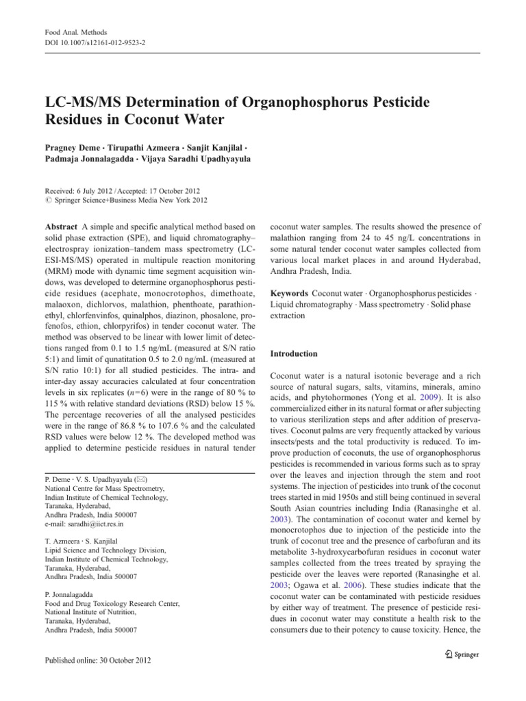 Deme2012 - LC-MS MS Determination of Organophosphorus Pesticide Residues in Coconut Water | PDF ...