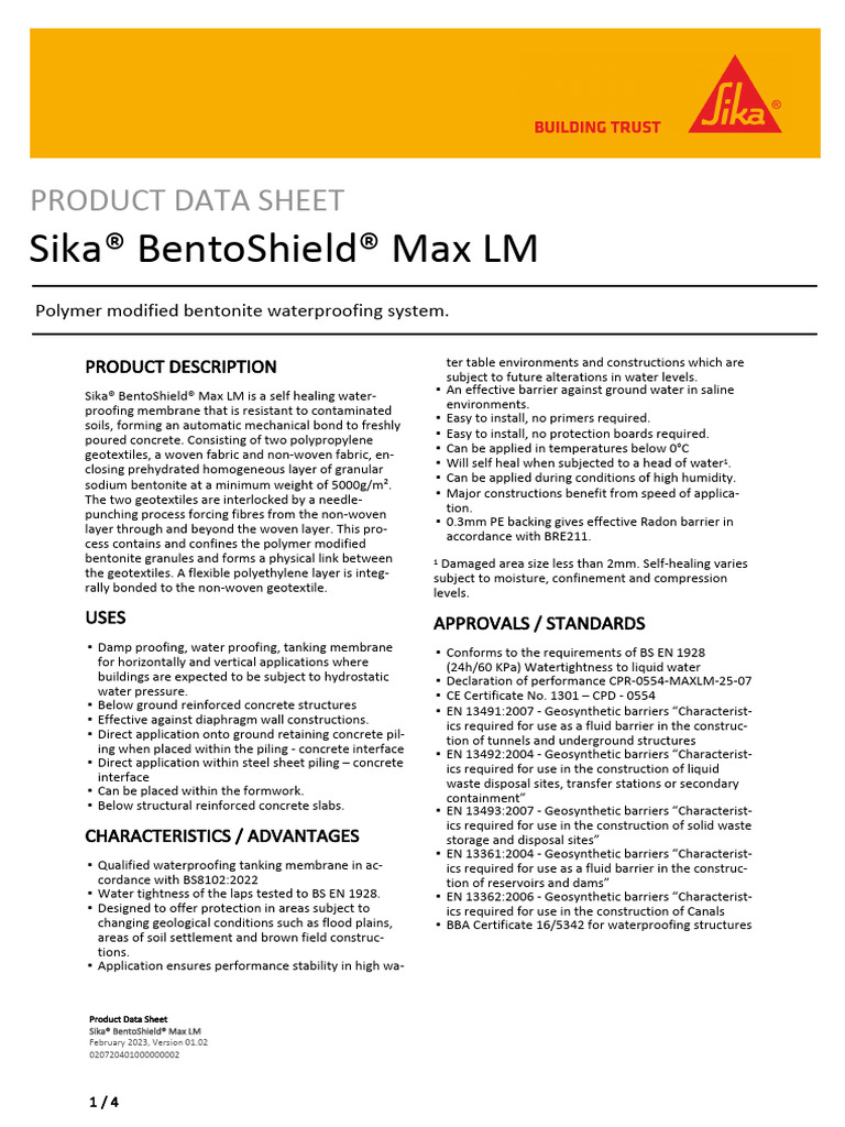 08 - Sika-Bentoshieldmaxlm | PDF | Nonwoven Fabric | Concrete