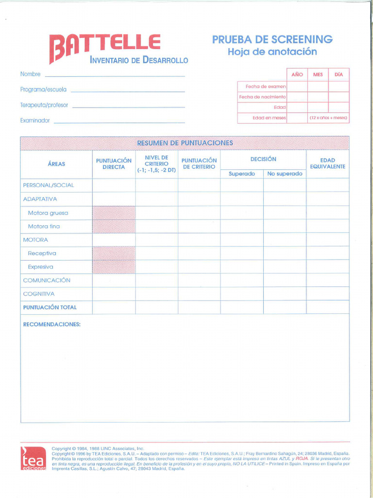 BATTELLE - Cuadernillo Anotacion Screening | PDF