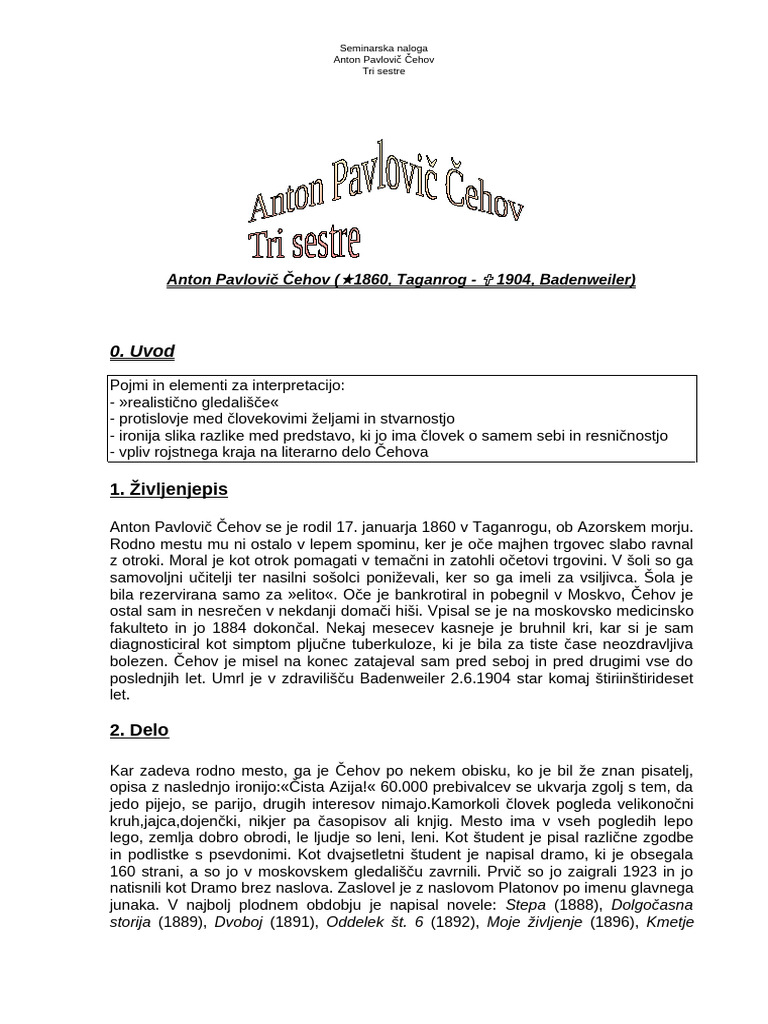 Slo Dob Cehov Anton Pavlovic Tri Sestre 01 Obnova Osebe | PDF