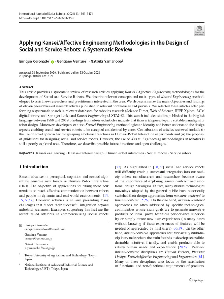 Applying Kansei:Affective Engineering Methodologies in The Design of Social and Service Robots ...