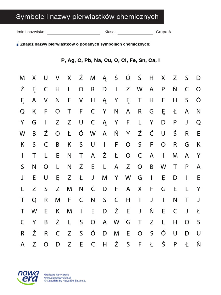 Graficzna Karta Pracy Symbole I Nazwy Pierwiastkow Chemicznych | PDF