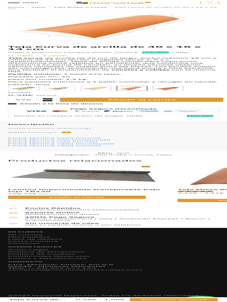 Teja Curva de Arcilla de 40 X 18 X 14 CM - Monomat Materiales | PDF