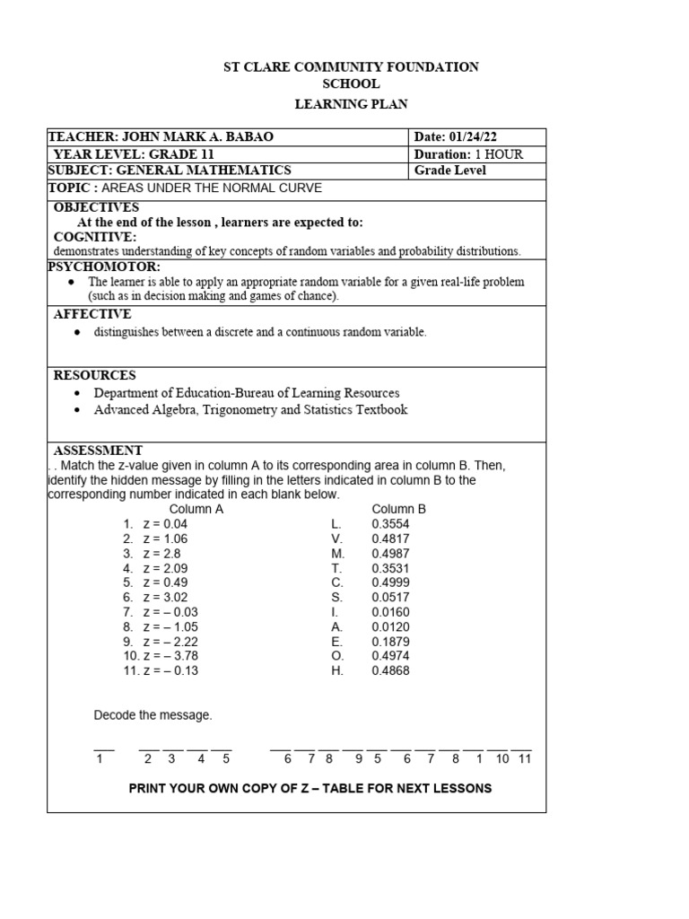 SLP IN Statistics and Probability 11 Lesson 4 | PDF | Area | Normal ...