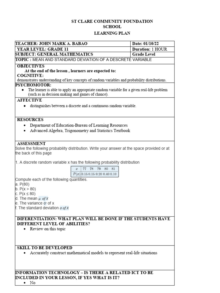 SLP IN Statistics and Probability 11 Lesson 2 | PDF | Variance | Probability Distribution