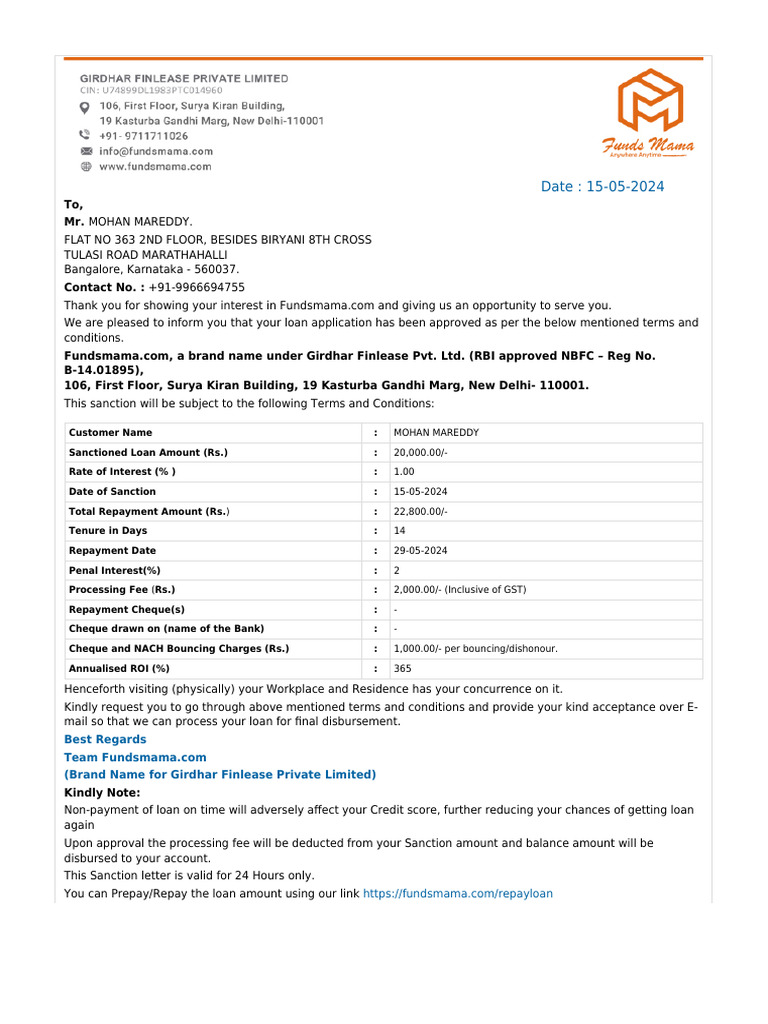 Sanction Letter | PDF | Credit | Finance & Money Management