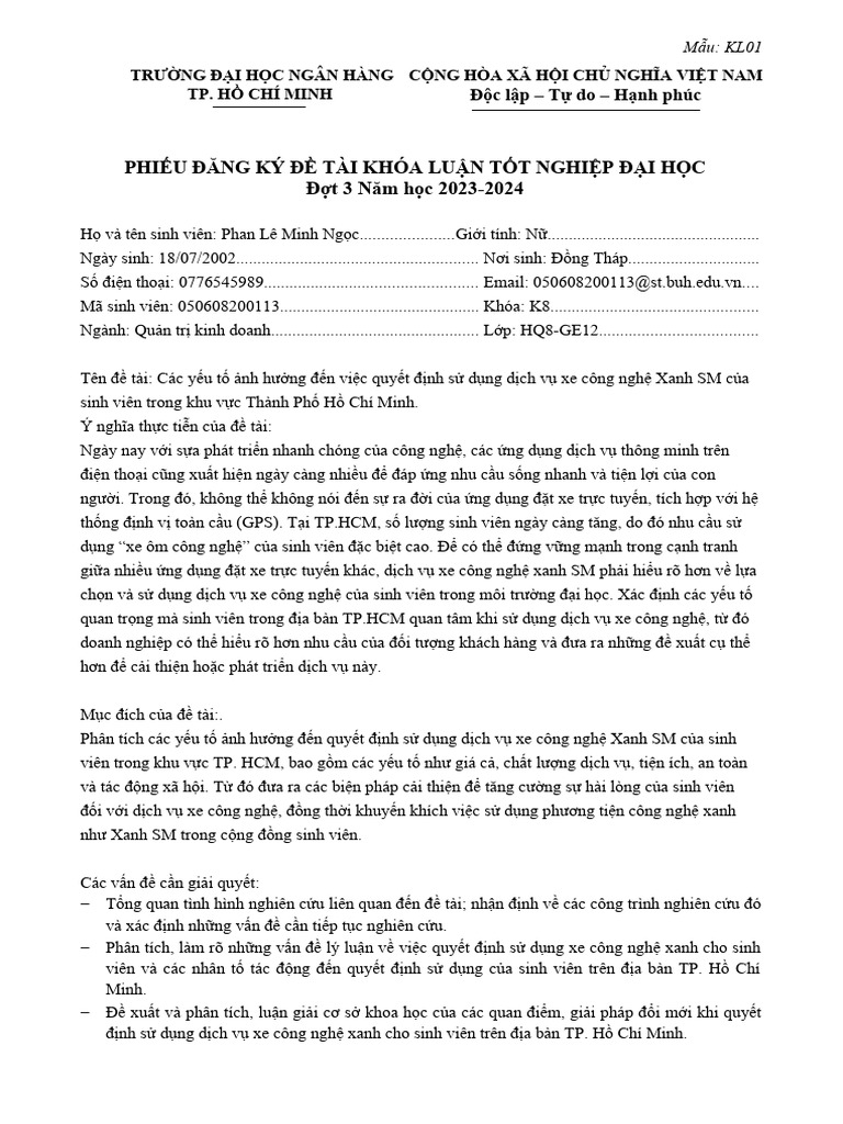 KL 01 Phieu Dang Ky de Tai KLTN Dot 3 NH 2023 2024 | PDF