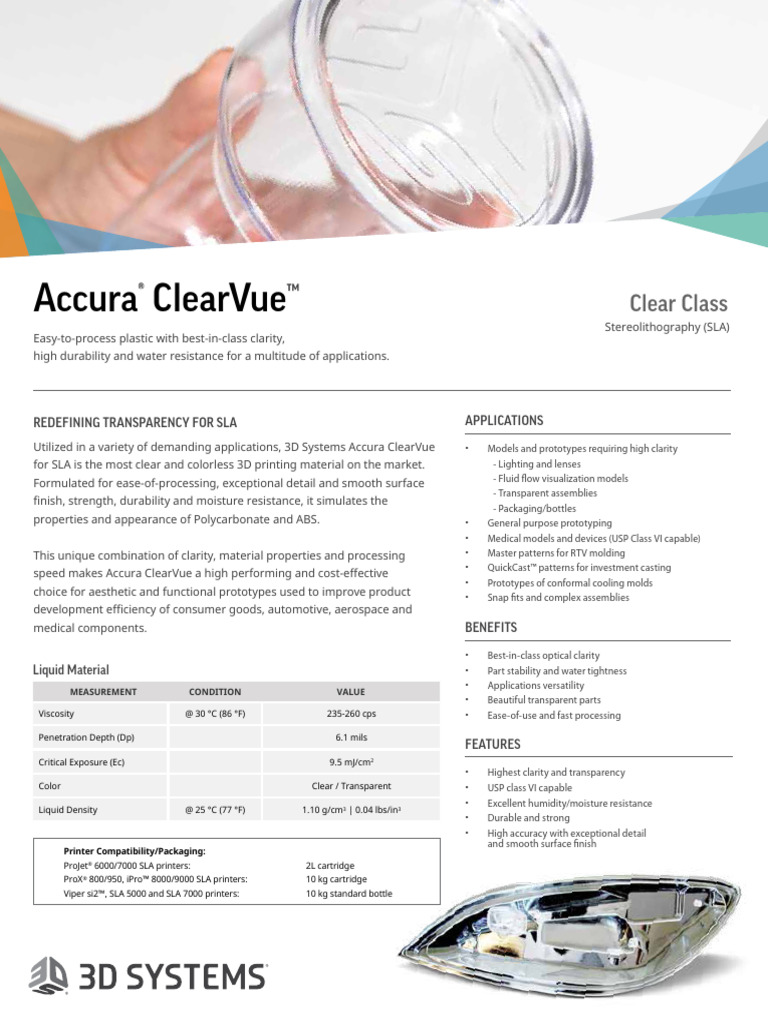 SLA 3d Systems Accura Clearvue Datasheet USEN 2019 01 25 A Web | PDF ...