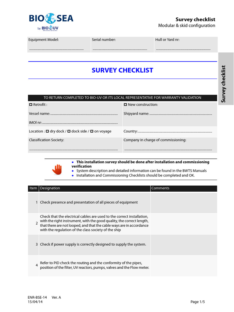 ENR-BSE-14 (Ver.A) - Survey Checklist | PDF | Valve | Programmable Logic Controller
