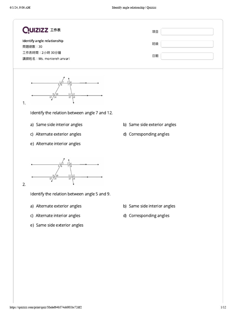 Angle Relationship Worksheet Quiz | PDF | Angle | Space