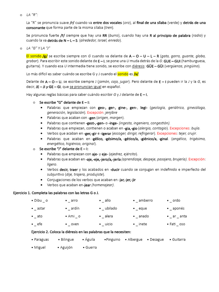 Guía de Uso de "R", "G" y "J" en Español | PDF | Fonética | Escritura ...