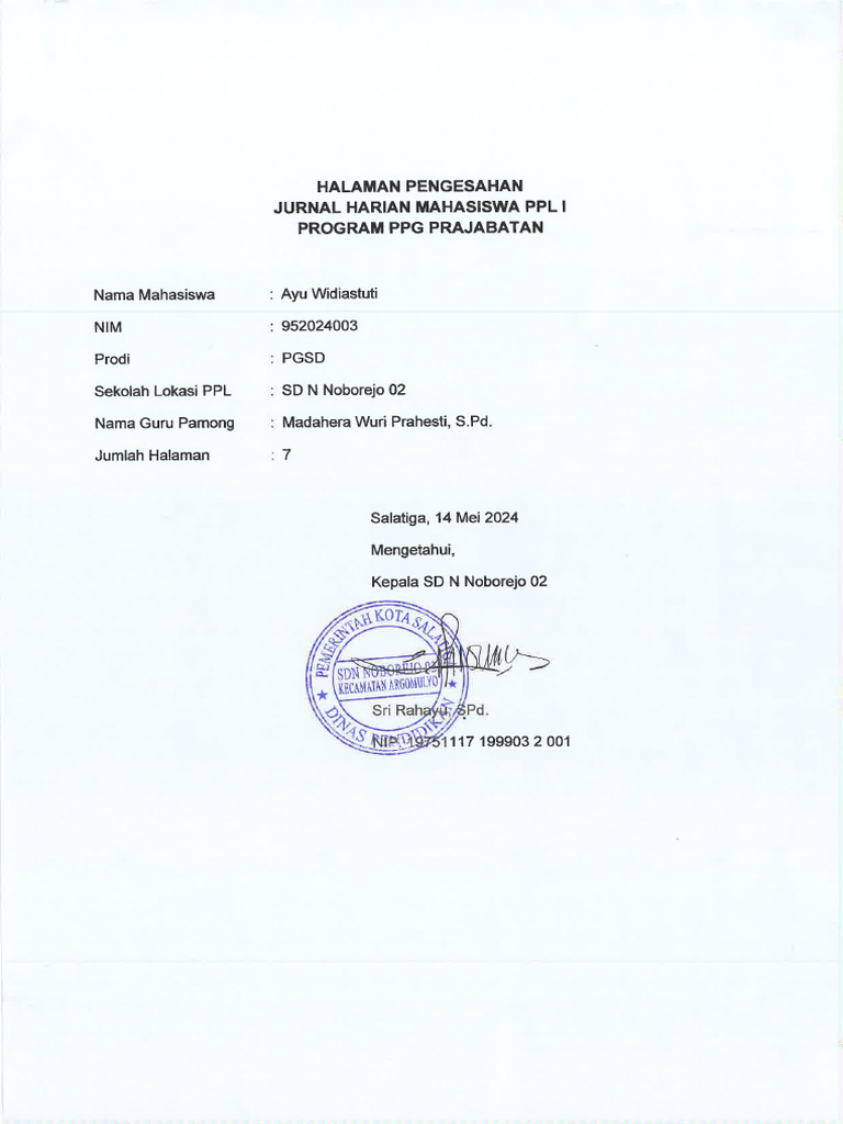 Halaman Pengesahan Jurnal Harian Mahasiswa PPL I Propgram PPG Prajabatan | PDF