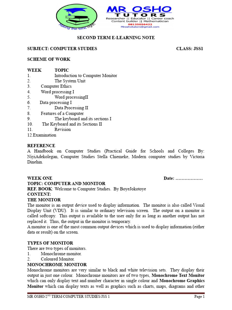 Second Term JSS1 Computer Studies | PDF | Computer Keyboard | Computer ...