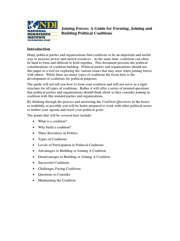 A Guide For Forming Joining and Building Political Coalitions | PDF | Coalition | Goal