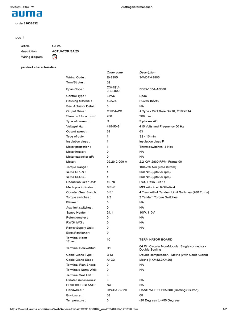 AUMA DATA SHEET SA25163 (1) | PDF | Electric Motor | Mains Electricity