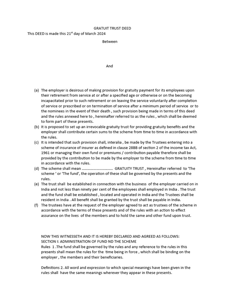 Gratuity Trust Deed | PDF | Employment | Trustee