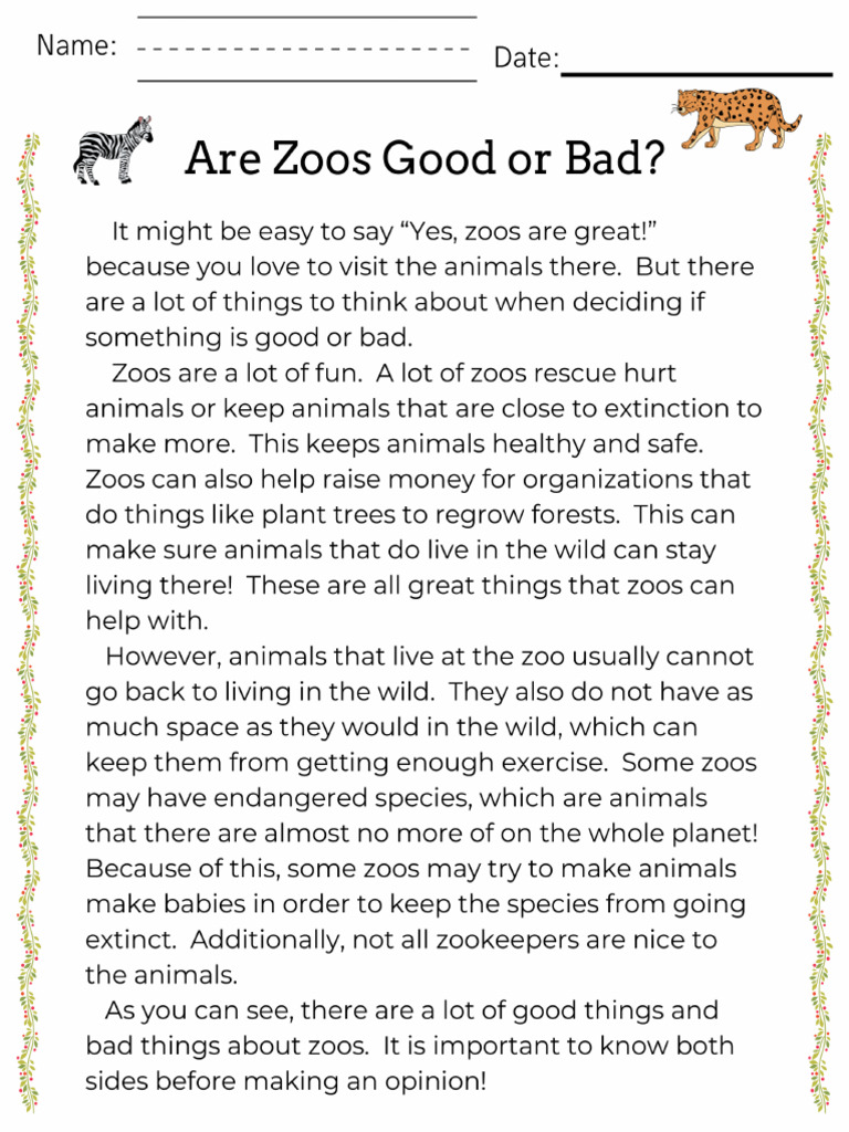 Are Zoos Good or Bad Reading Worksheet | PDF
