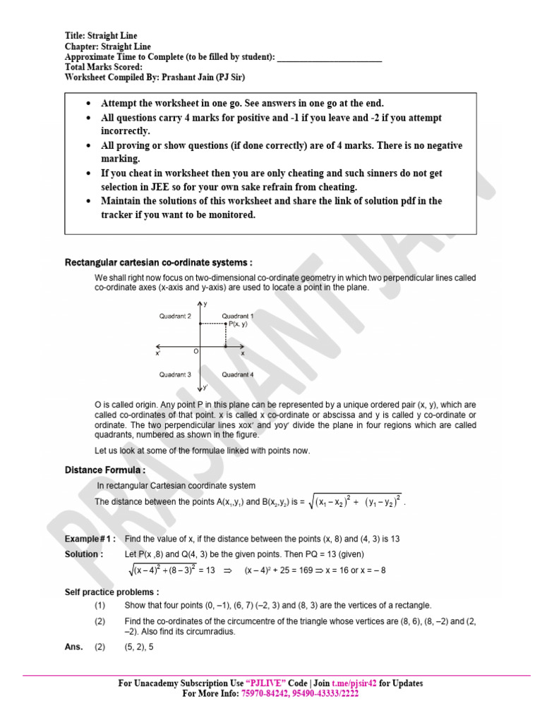 Worksheet-1 Rectangular Cartesian Coordinate System | PDF | Cartesian ...