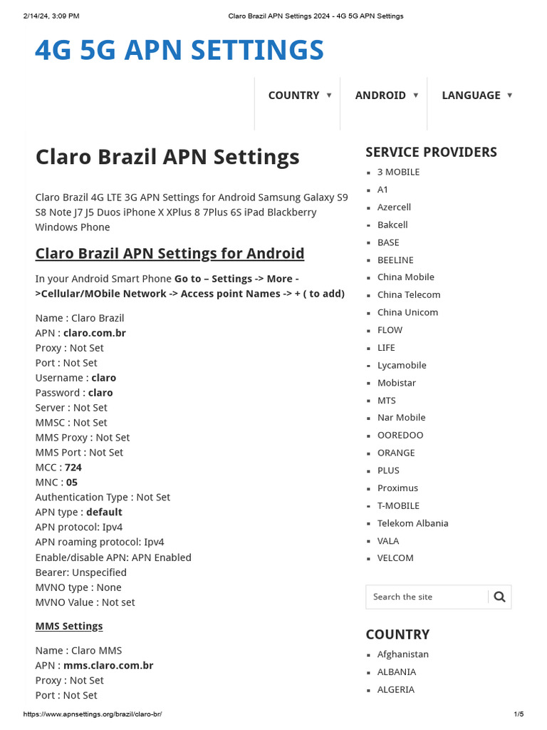 Claro Brazil APN Settings 2024 - 4G 5G APN Settings | PDF | Proxy Server | 4 G