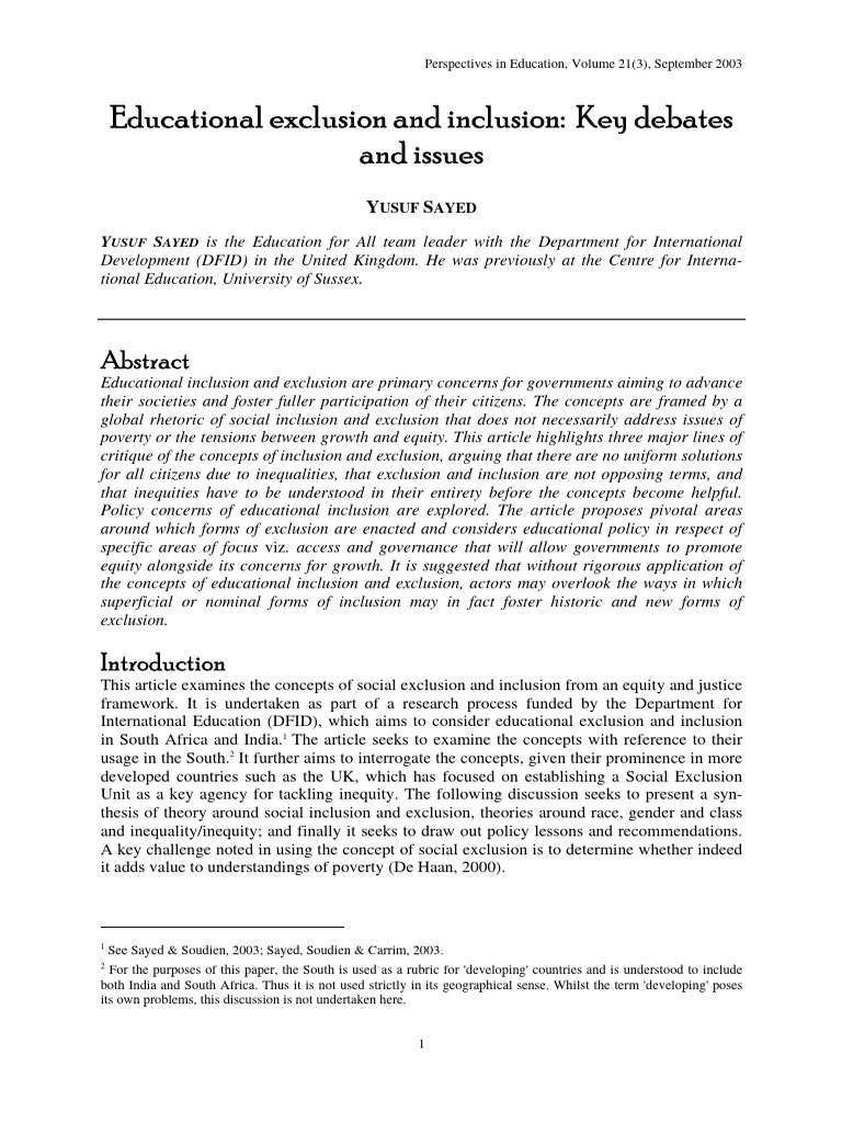 Sayed (2003) Educational Exclusion and Inclusion Key Debates | PDF ...