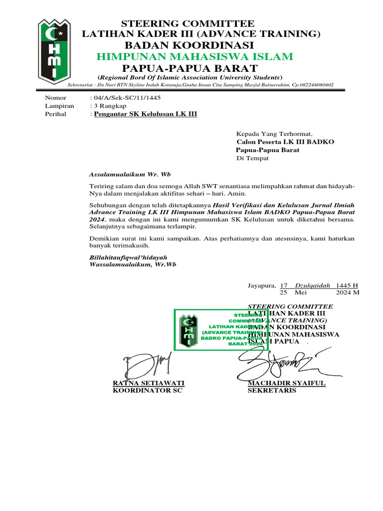 SK Kelulusan Jurnal Dan Pengumuman LK 3 Badko Papua Papua Barat | PDF
