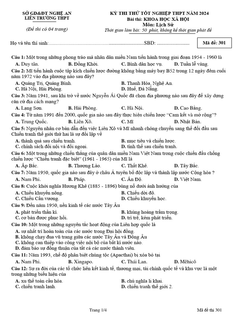 LiÃ N Træ°á NG THPT Tá NH Nghá An Láº N 2 Nä M 2024 | PDF