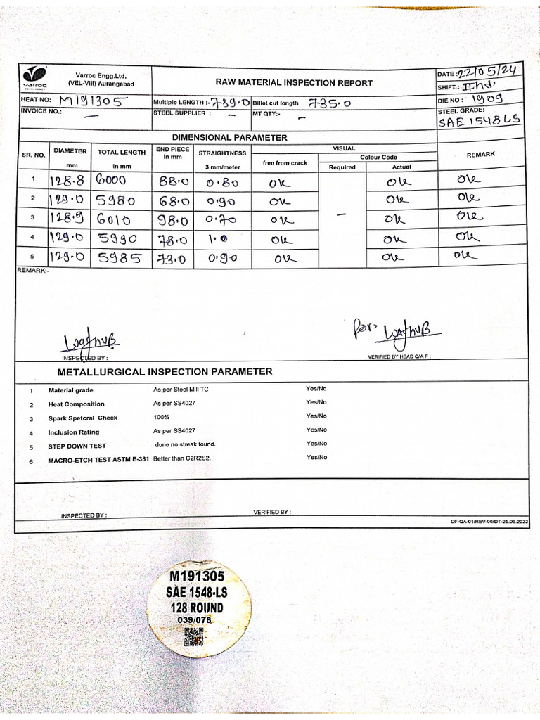 Raw Material Inspection Report. | PDF