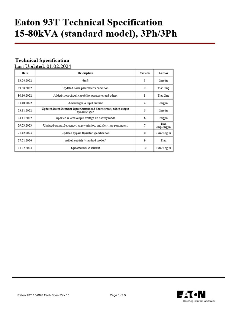 Eaton UPS 93T 15-80kW Technical Specification (Standard Model) | PDF ...